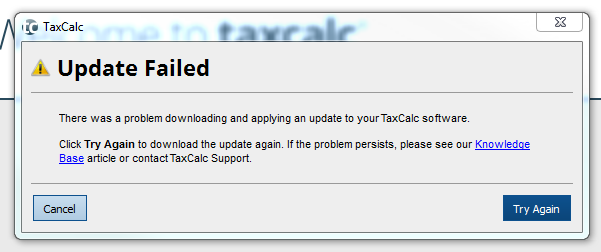 Update Failed - Error updating TaxCalc - Knowledge Base - TaxCalc